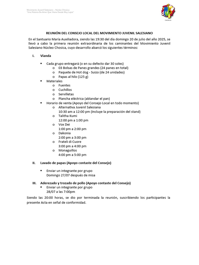 ACTA DE REUNION MJS 20072025-1 Movimiento | PDF