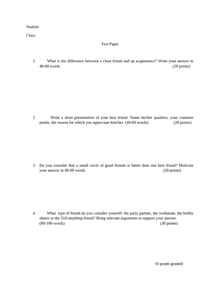 9 A Test Paper Friendship | PDF