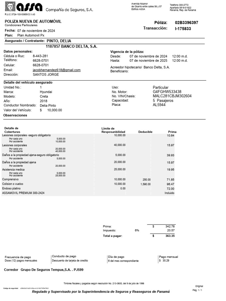 Ejemplo de Póliza de Seguro de Auto | PDF | Póliza de seguros | Seguro