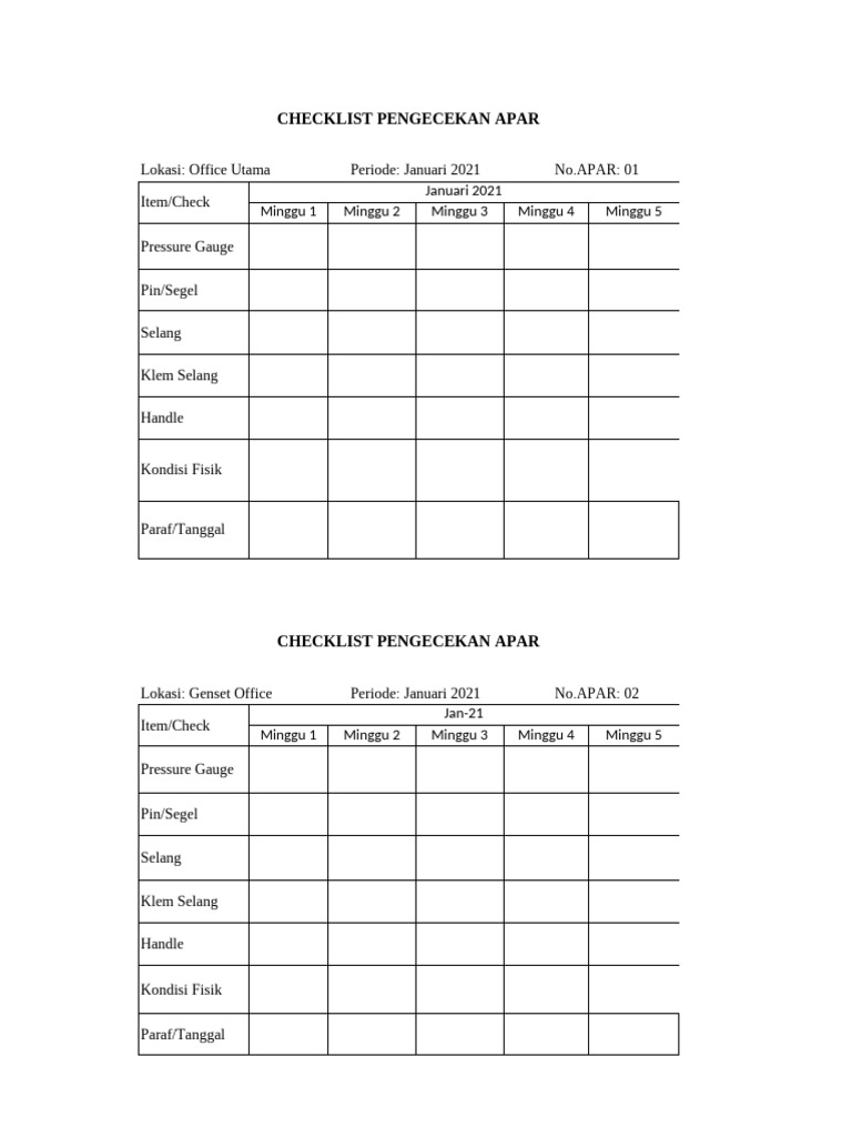 Checklist Pengecekan APAR Januari 2021 | PDF
