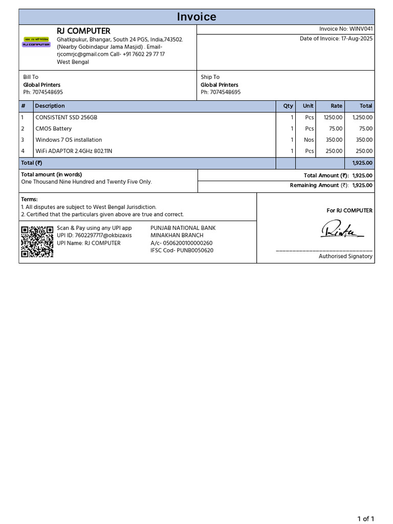 Invoice-WINV041 2025081745517924 | PDF | Personal Computing | Video ...