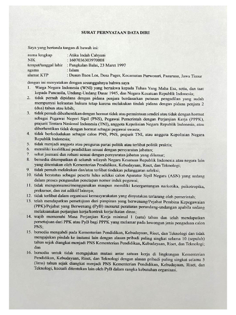 Surat Pernyataan Atika | PDF