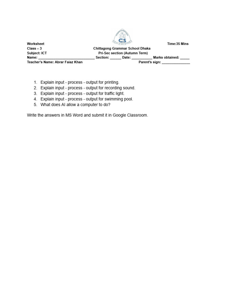 Class 5 Absent Worksheet 4 | PDF