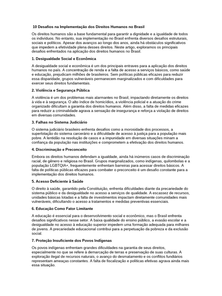 Desafios dos Direitos Humanos no Brasil | PDF | Desigualdade social ...
