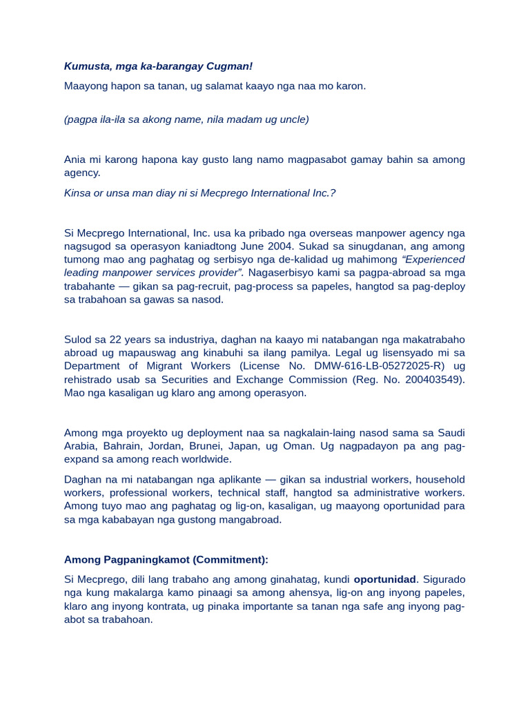 Script For Brgy Cugman | PDF