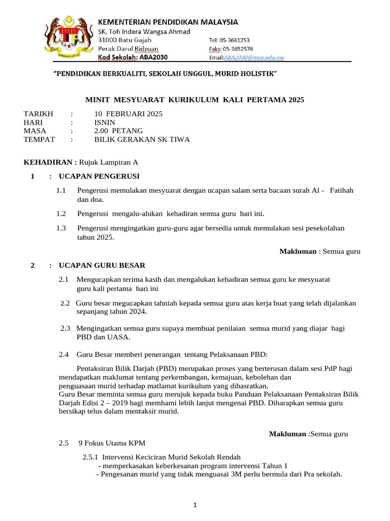 Minit Kurikulum Pertama 2025-Znab | PDF
