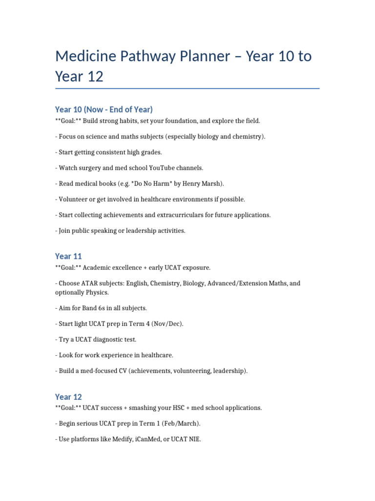 Medicine Pathway Planner: Year 10-12 Guide | PDF