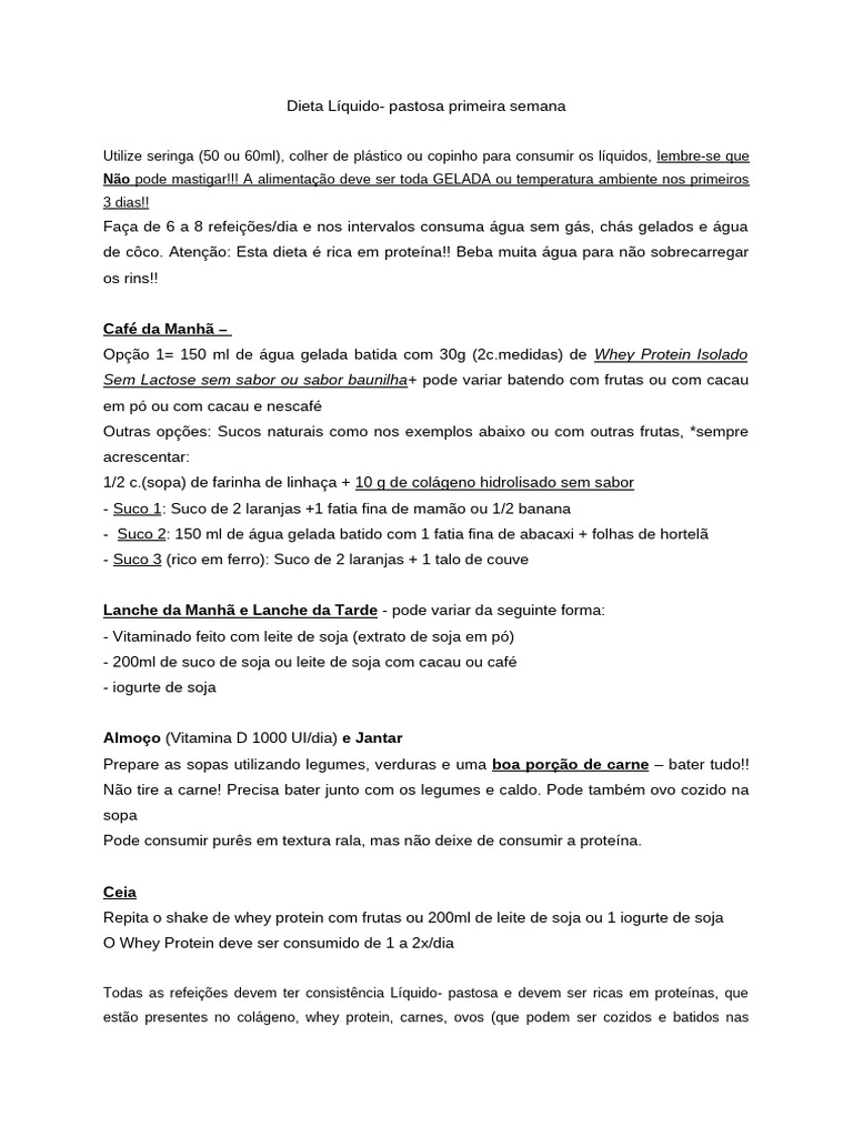 Dieta Líquido-Pastosa: Primeira Semana | PDF