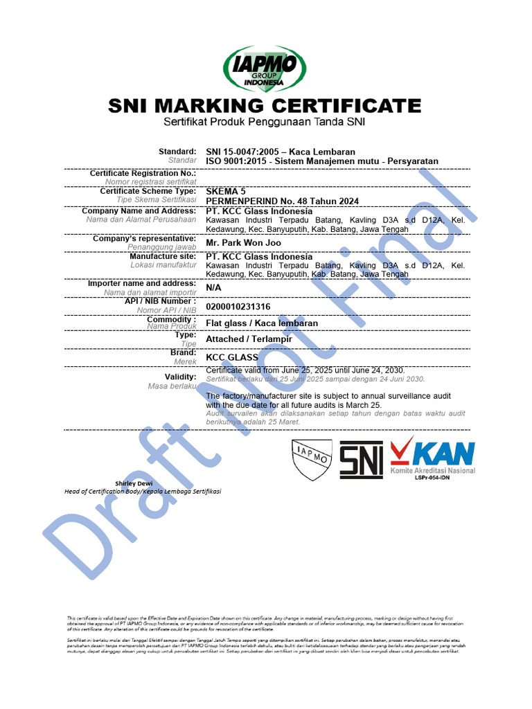 Draft Sert. SNI - PT. KCC Glass Indonesia | PDF