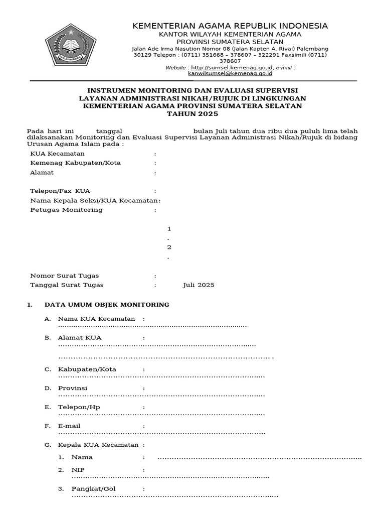 Form Instrumen Monev Supervisi Kepenghuluan Tahun 2025 | PDF