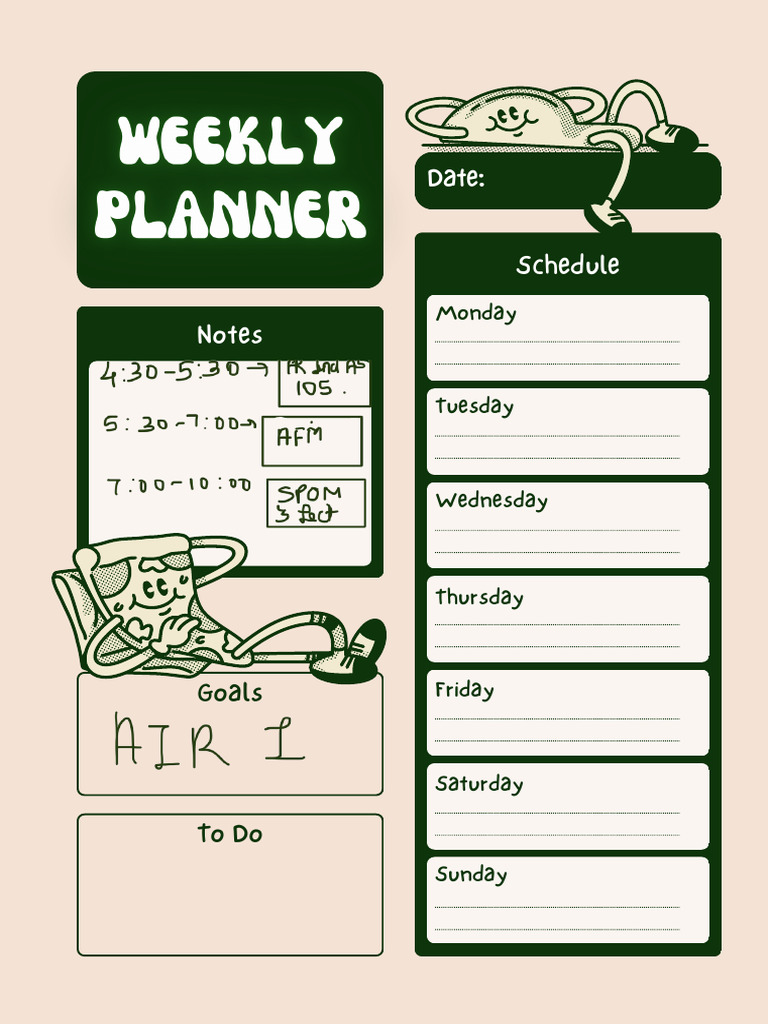 Dark Green and Cream Organic Hand-Drawn Daily Planner | PDF