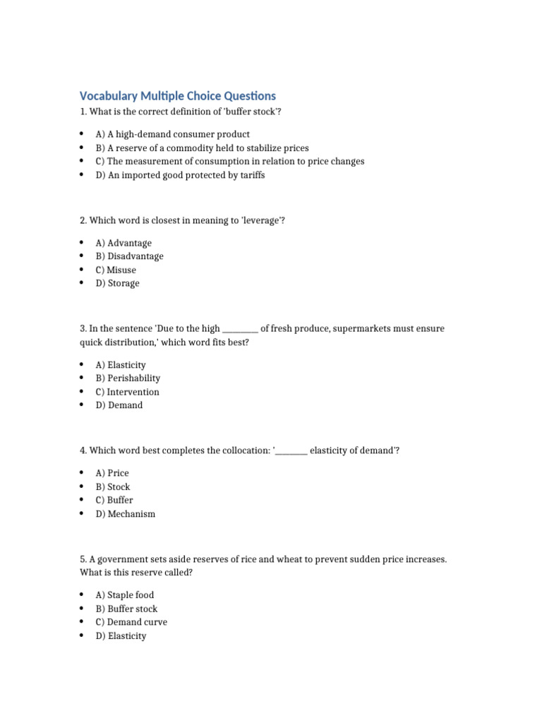 Vocabulary Multiple Choice Questions | PDF