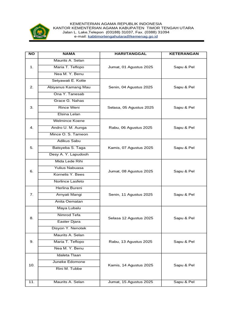 Jadwal Tugas Harian Bimas Kristen | PDF