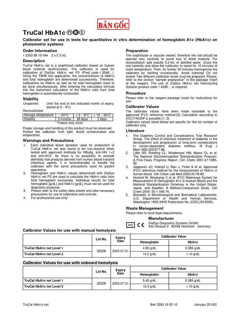 Pi Biochem 327 Trucal Hba1c Net 201901 SVN 202305 v01 VN Signed | PDF