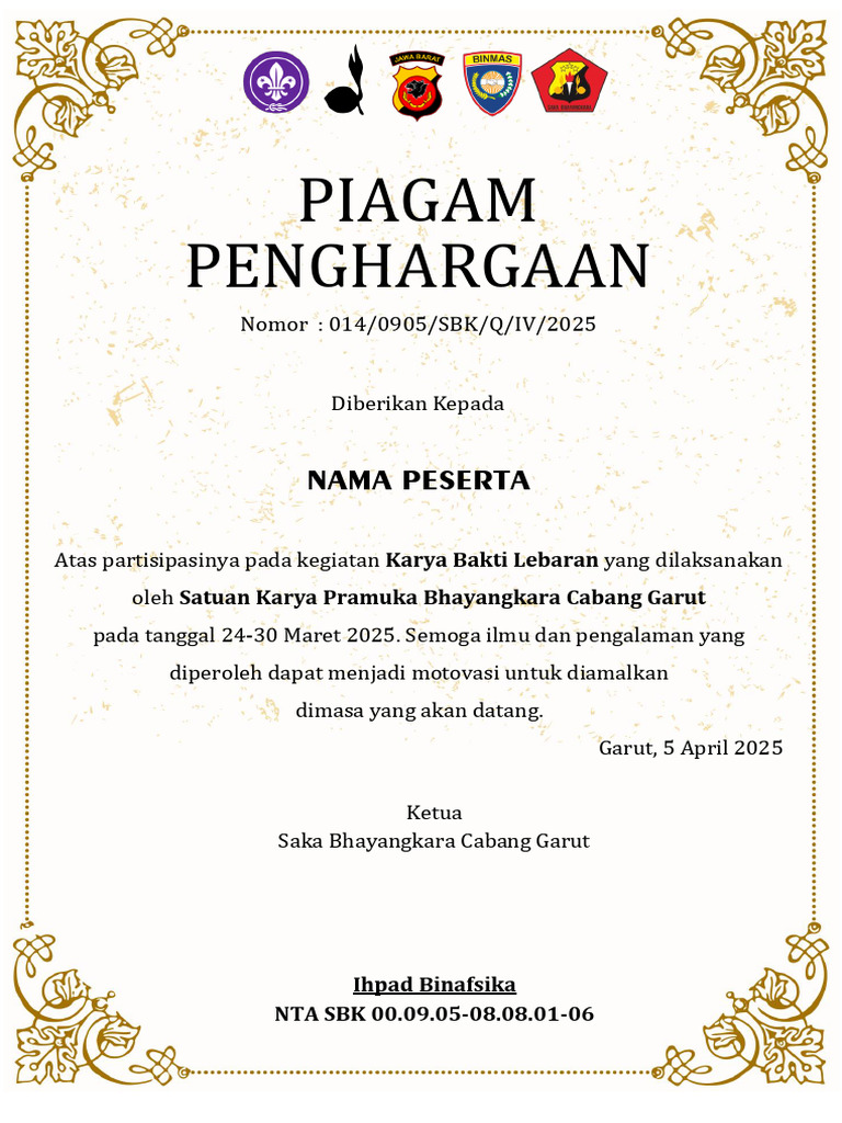 Piagam Penghargaan: Nama Peserta | PDF