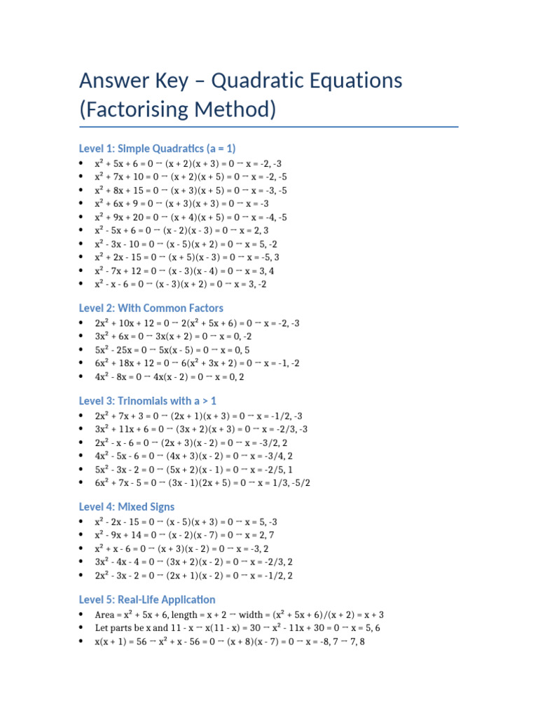 Answer Key for Quadratic Equations | PDF