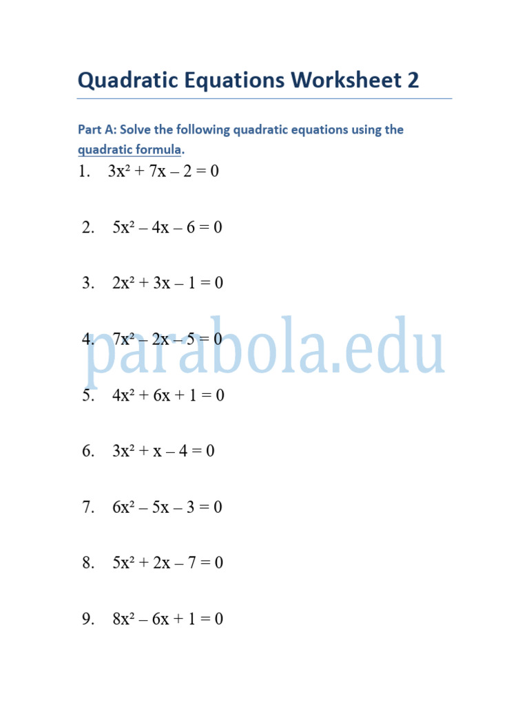 Quadratic - Formula & Discriminant - Worksheet - Parabola | PDF | Chess ...