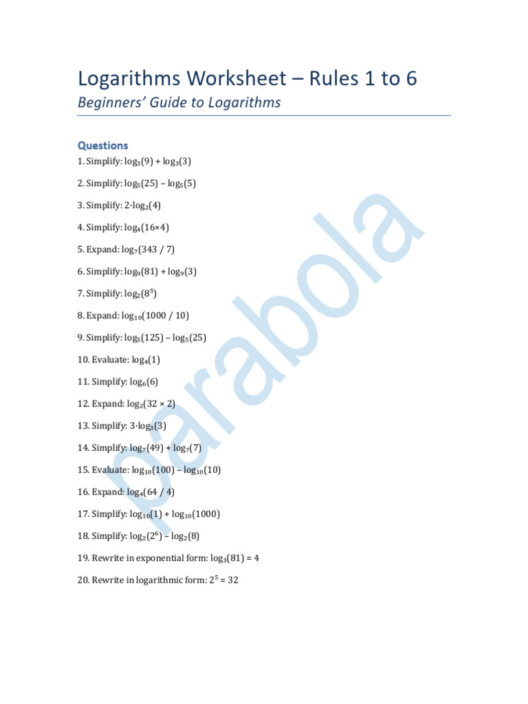 Logarithm Rules Worksheet Parabola | PDF