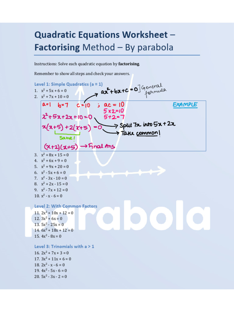 Quadratic Equations Worksheet Parabola | PDF | Factorization ...