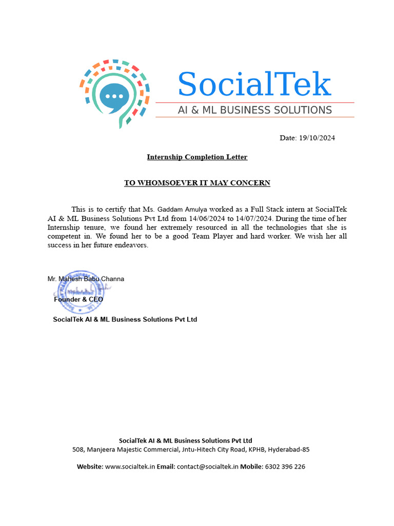 Internship Experience - Gaddam Amulya | PDF