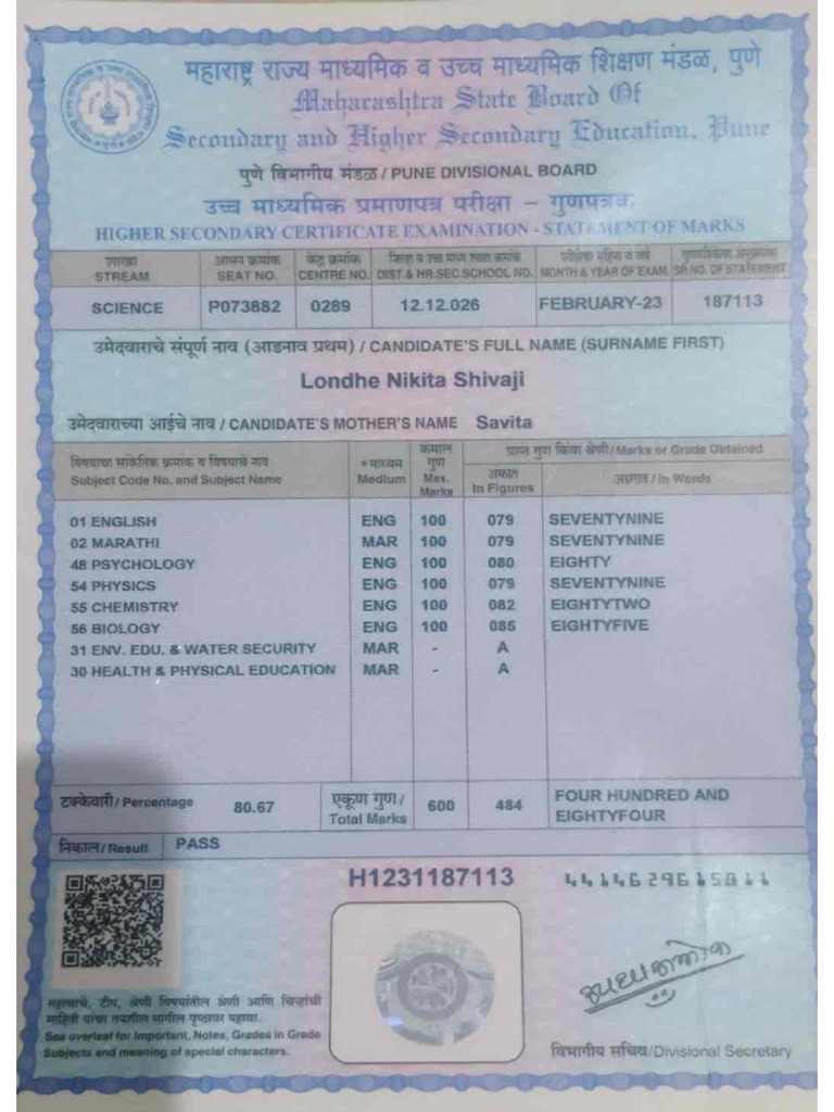 Nikita HSC Marksheet | PDF