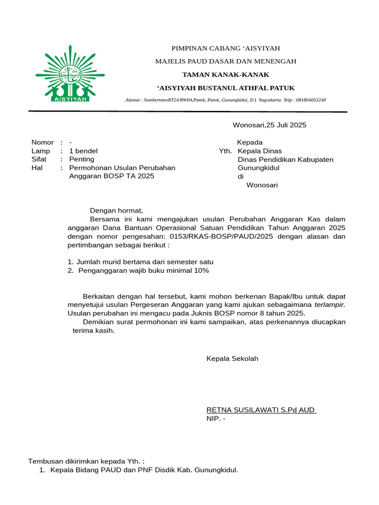 Permohonan Perubahan Anggaran BOSP 2025 | PDF