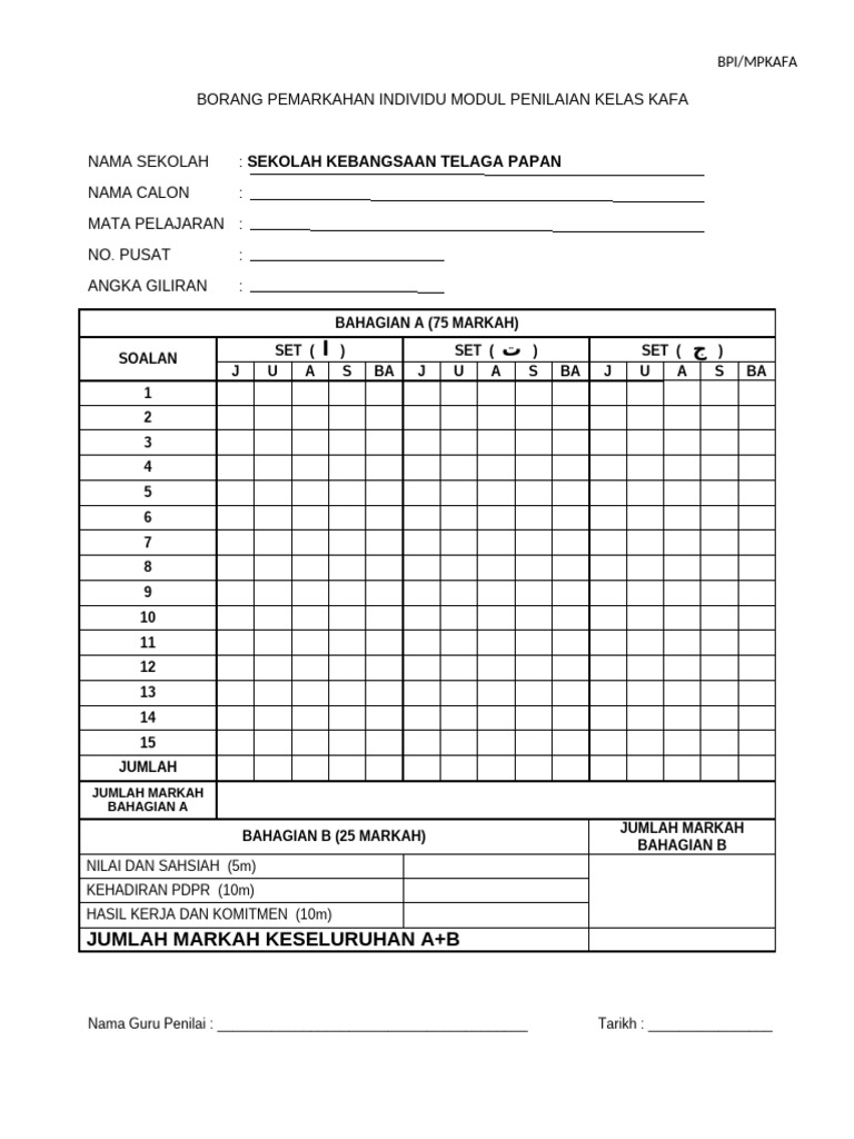 Borang Pemarkahan Individu Modul Penilaian Kelas Kafa | PDF