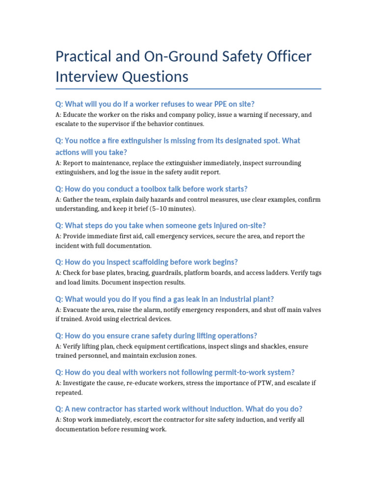 Safety Officer Interview Questions Guide | PDF | Occupational Safety ...