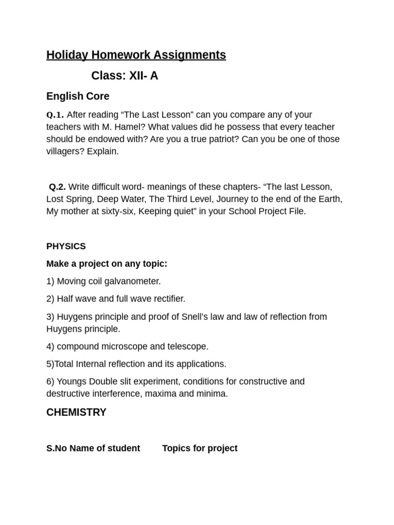 Holiday Homework Assignments XII - A (R) | PDF | Foods | Milk