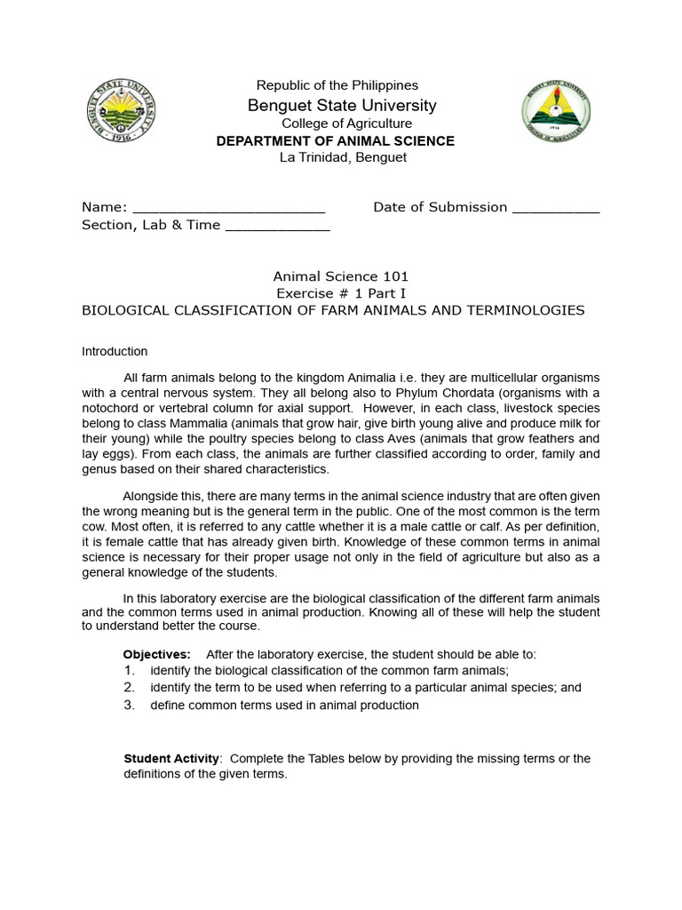Lab. Ex. 1 Biological Classification and Terminologies | PDF | Cattle | Sheep