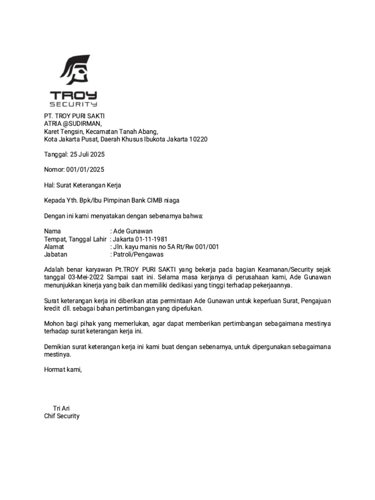 Surat Keterangan Kerja Ade Gunawan | PDF