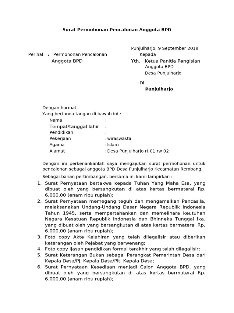 Surat Lamaran Ke BPD | PDF