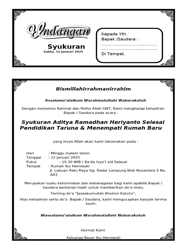 Contoh Undangan Syukuran Rumah Baru - Folio | PDF