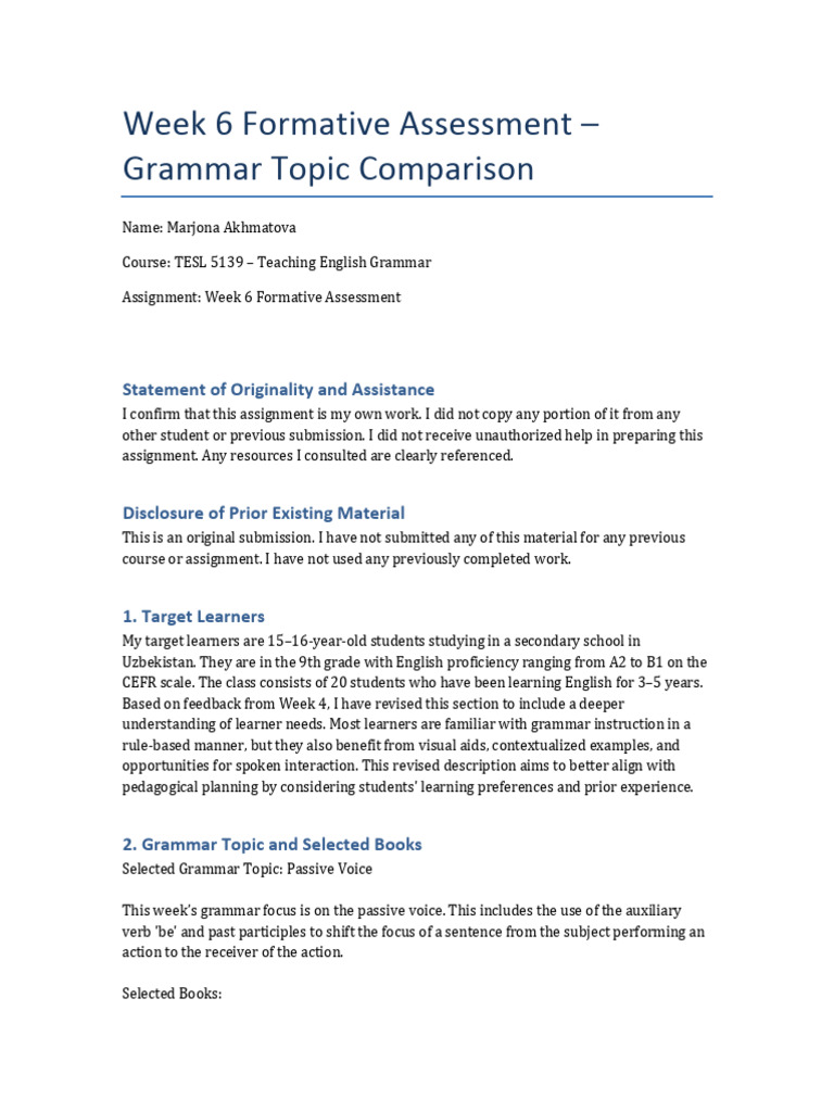 Week 6 Formative Assessment - Grammar Topic Comparison: Statement of ...