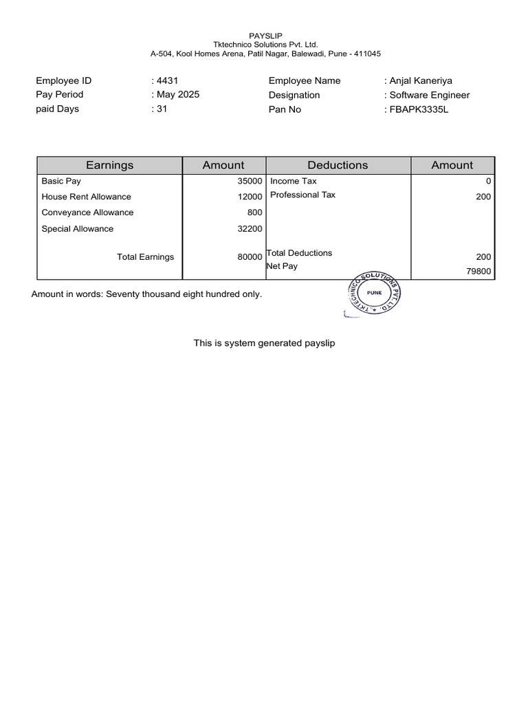 May 2025 Payslip for Anjal Kaneriya | PDF