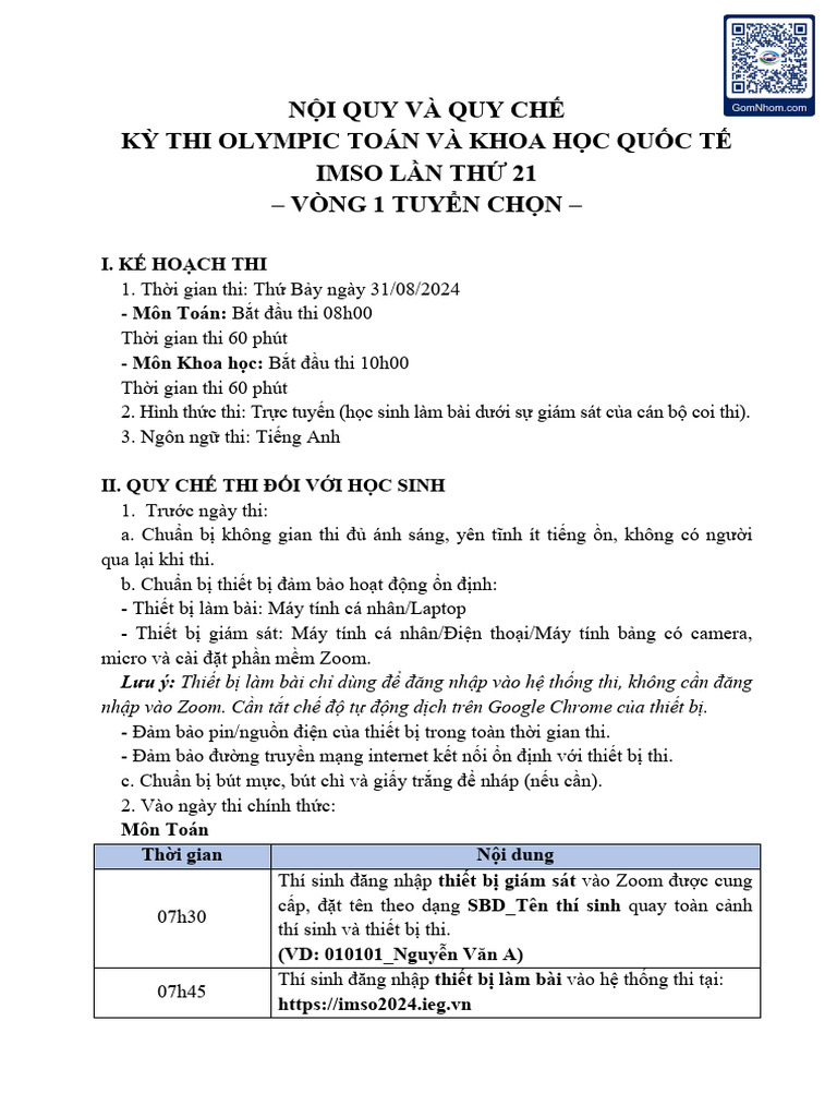 Quy Chế Thi IMSO 2024 | PDF