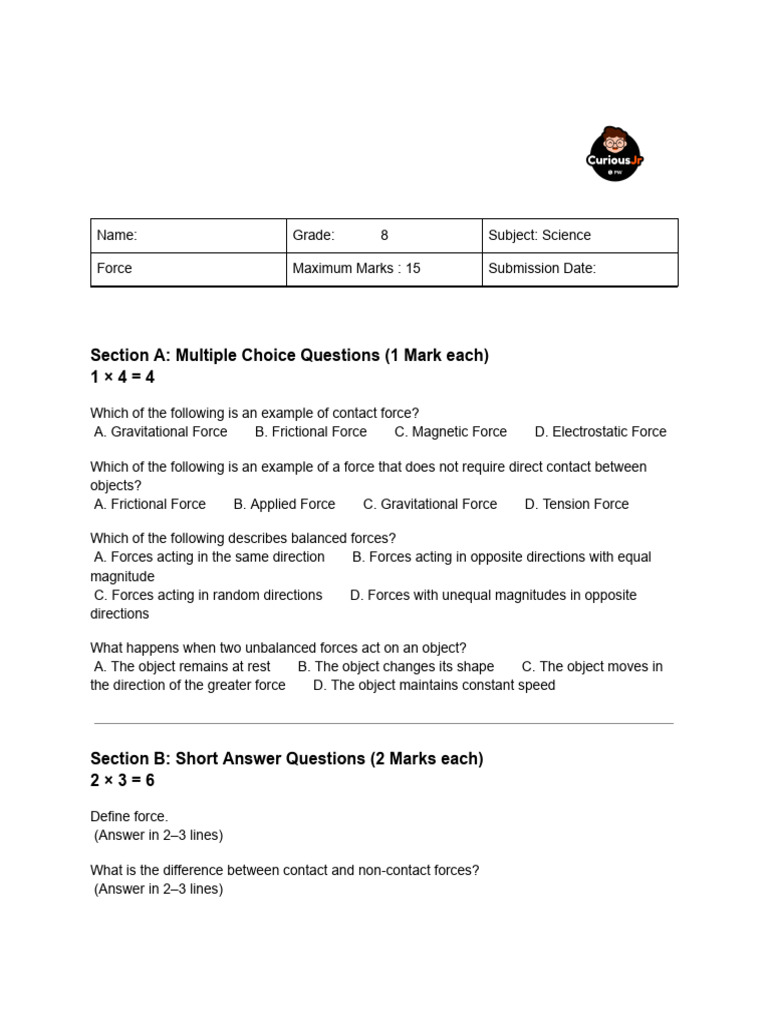 Grade 8 Worksheet - Force | PDF