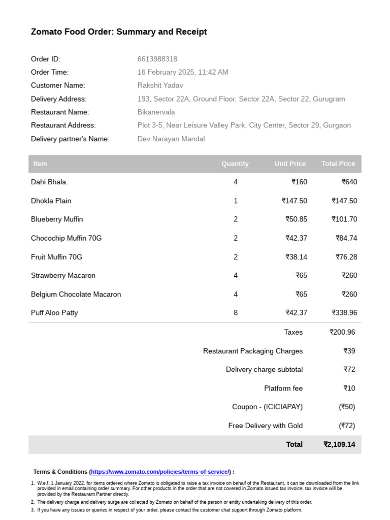 Zomato Order ID 6613988318 | PDF