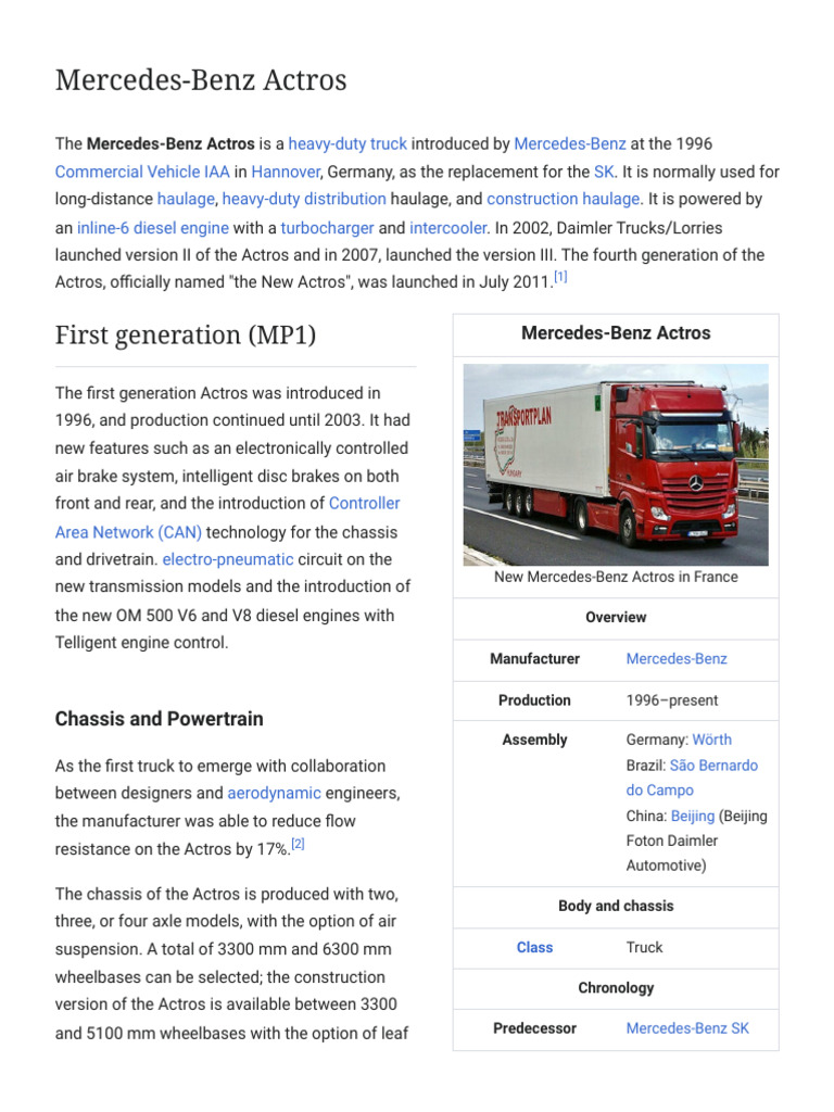 Mercedes-Benz Actros - Wikipedia | PDF | Motor Vehicle | Land Vehicles
