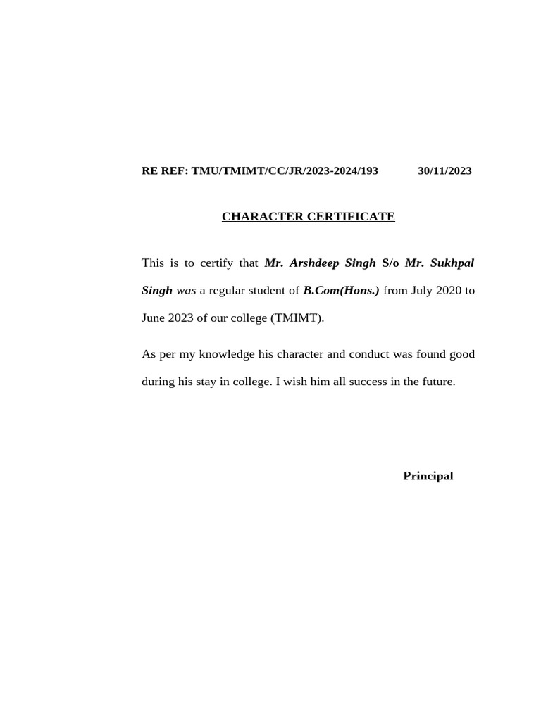 Character Certificates for TMIMT Students | PDF | Academic Degree ...