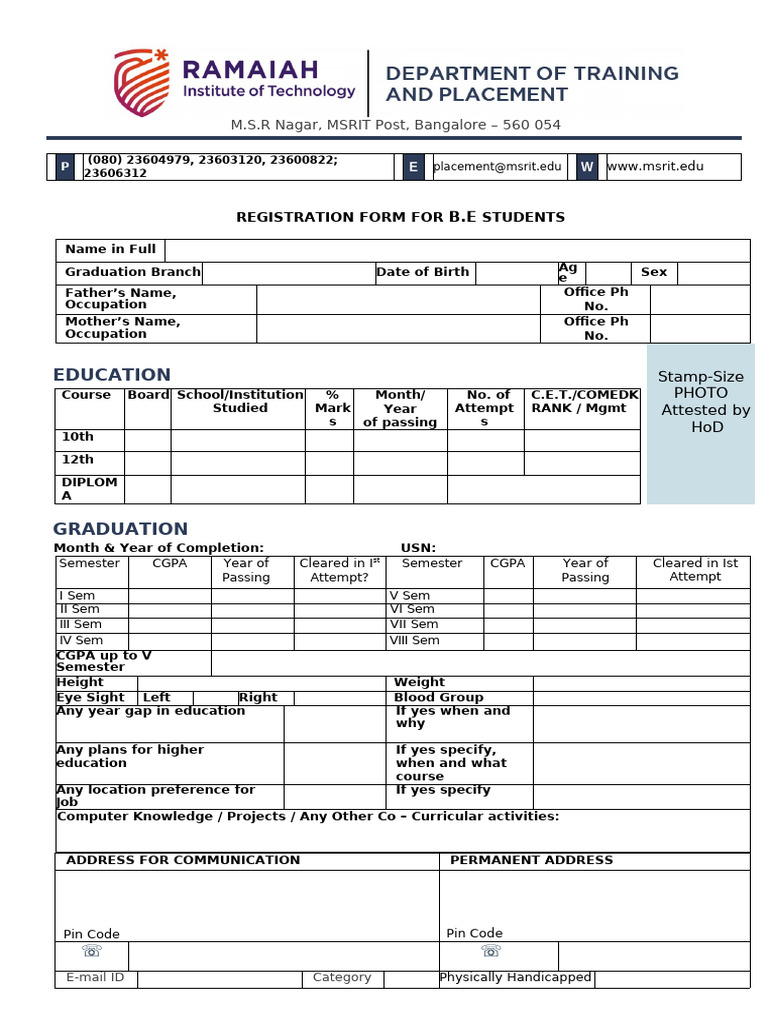 B.E Student Registration Form MSRIT | PDF