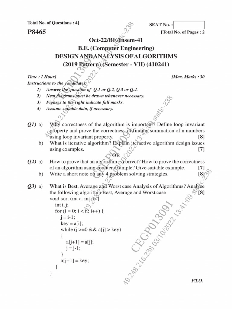 DAA Insem Official Paper Solution | PDF | Time Complexity | Algorithms