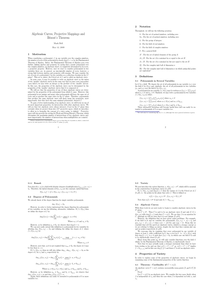 Algebraic Curves, Projective Mappings and B Ezout's Theorem: 2 Notation | PDF | Curve | Complex ...