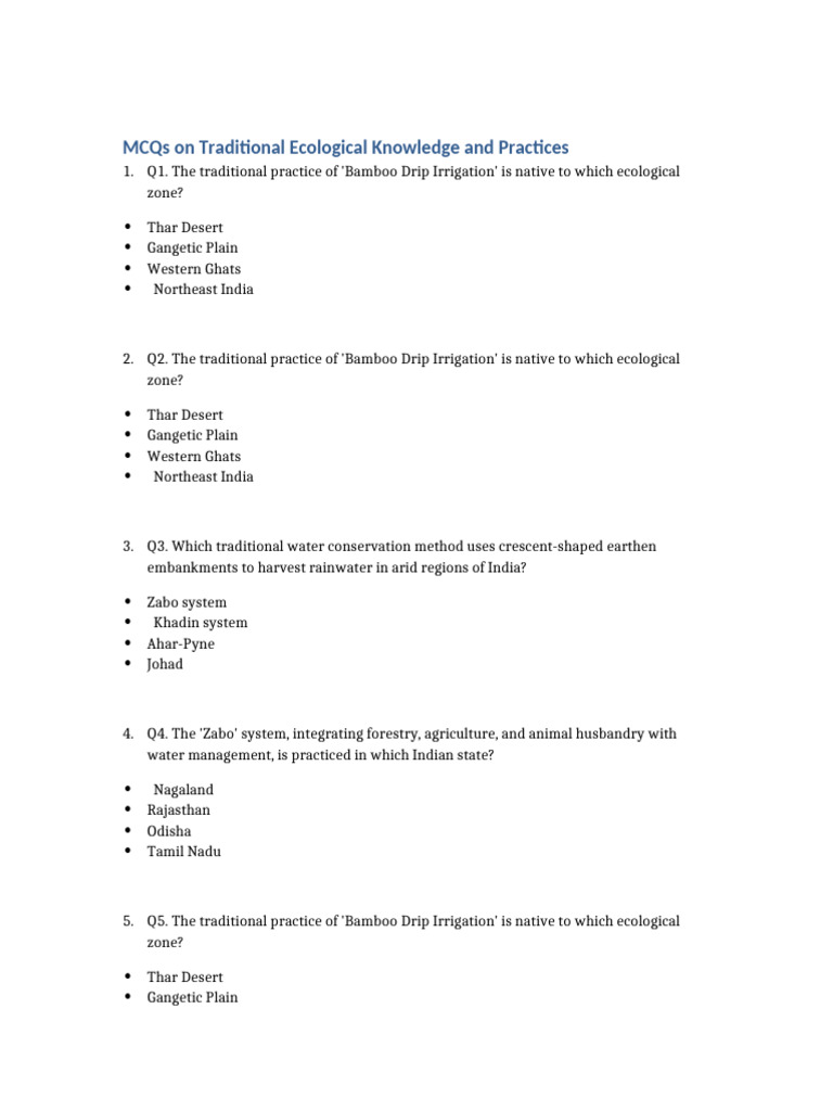 Traditional Ecological Knowledge Practices MCQs | PDF | Agriculture ...