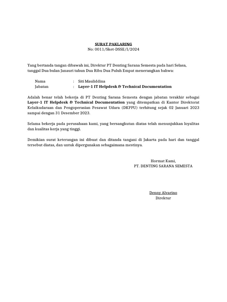 Surat Paklaring - Draft | PDF