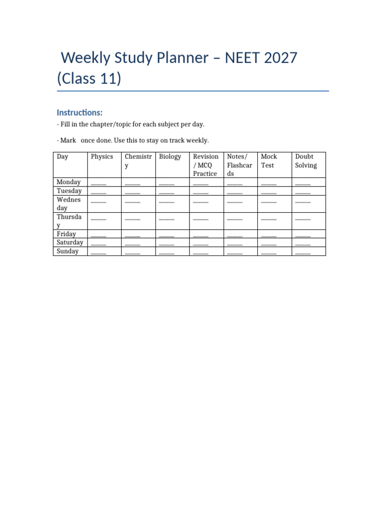 NEET 2027 Weekly Study Planner | PDF