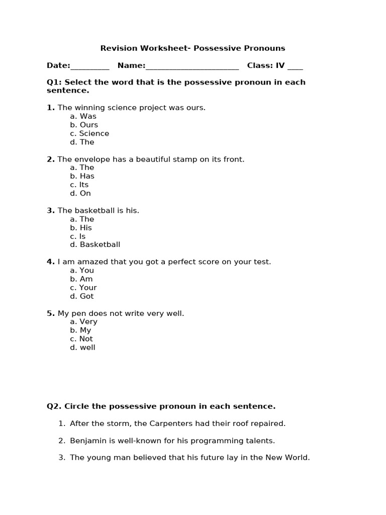 Revision Worksheet - Possessive Pronouns | PDF