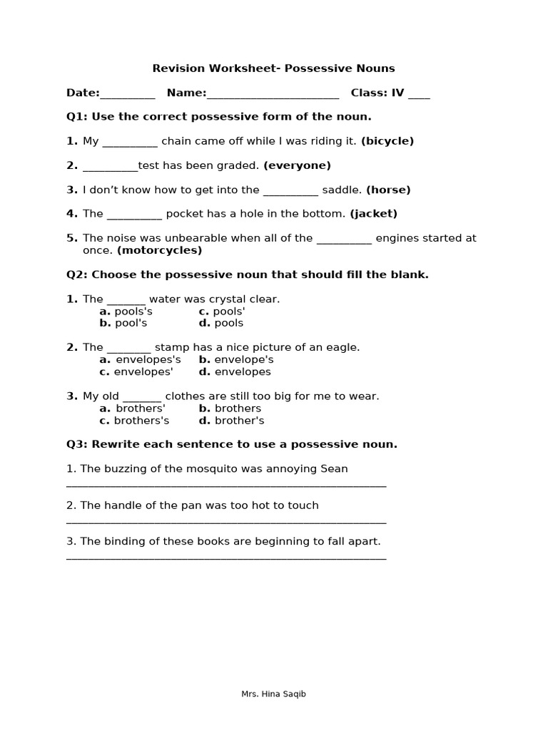 Revision Worksheet - Possessive Nouns | PDF