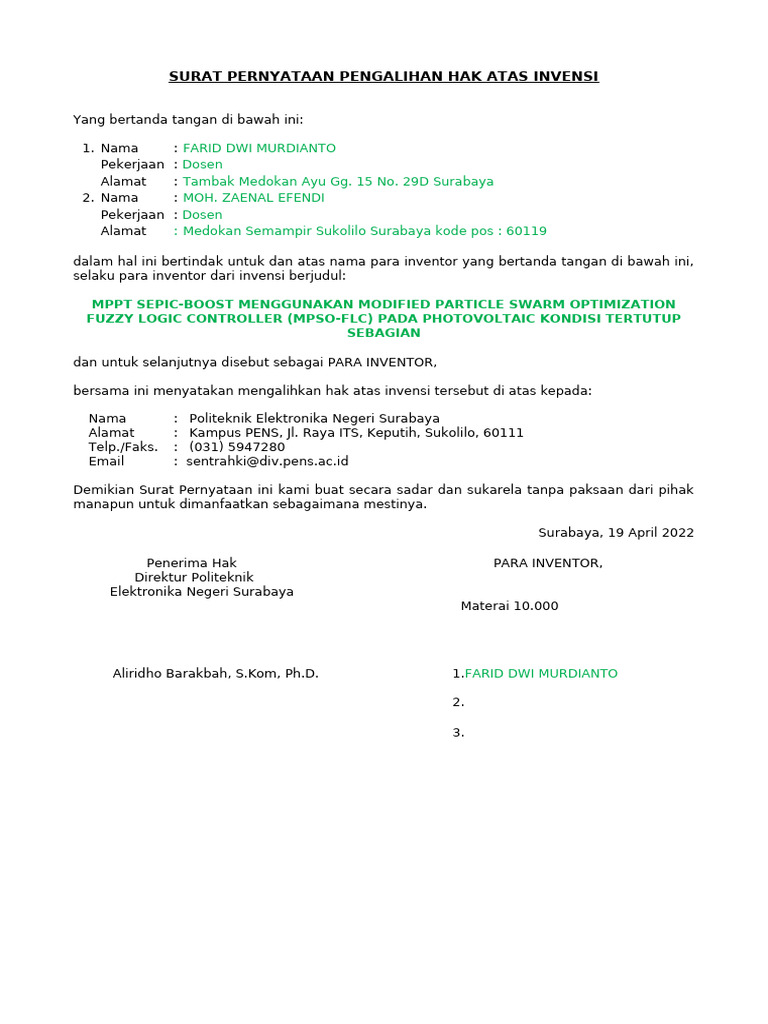 Surat Pengalihan Hak Invensi MPPT FLC | PDF