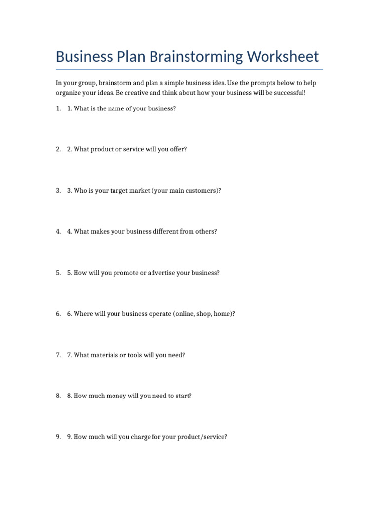 Business Plan Brainstorming Worksheet | PDF